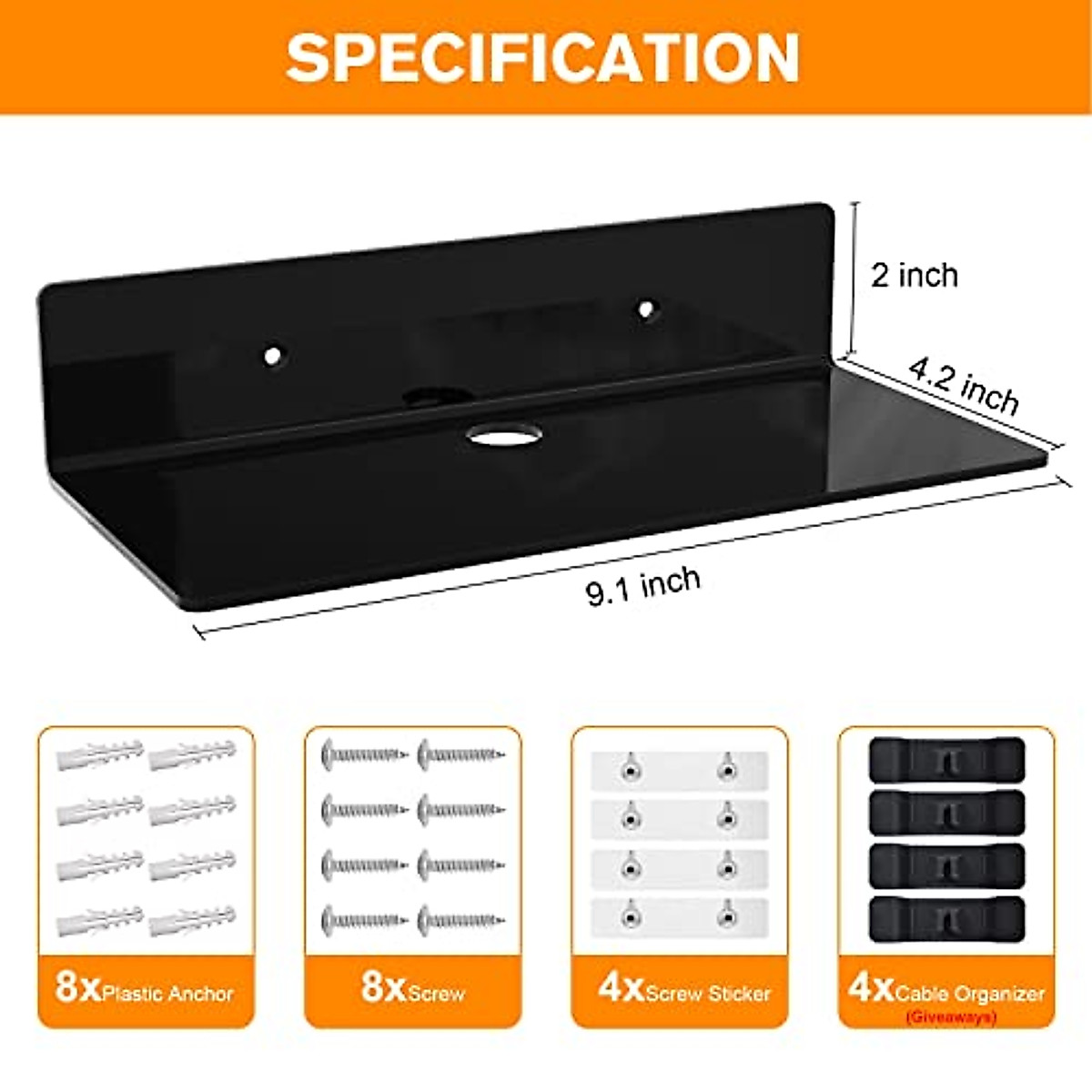 VZINO Small Adhesive Wall Shelf Set of 4, No Drill Acrylic Floating Shelves for Expand Space, Preppy Room Decor, Small Display Shelf for Smart Speaker /Action Figures with Cable Organizer