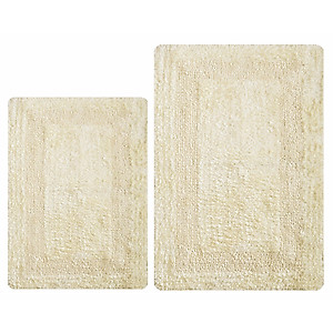 Cotton Bath Mat Rug 2 Piece Set - Light Yellow, Reversible Bathroom Rugs Soft & Absorbent Quick Dry Mats, Washable Plush Hotel Quality Tufted Mats for Shower, Bath Tub, Toilet - 21x34 & 17x24 Inches
