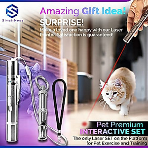 SimsirNess Cat and Dog Laser Pointer Toy Set - Interactive Exercise Toys 3-Pcs Set with Ultrasonic Whistle, Black Cord, and Premium Gift Box - USB Rechargeable Pet Training Toys