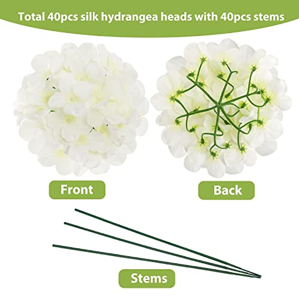 JPSOR 40pcs Artificial Hydrangea Silk Flower Heads with Stems, Fake Flowers for Mothers Day Wedding Centerpiece Home Garden Party Decoration (White)