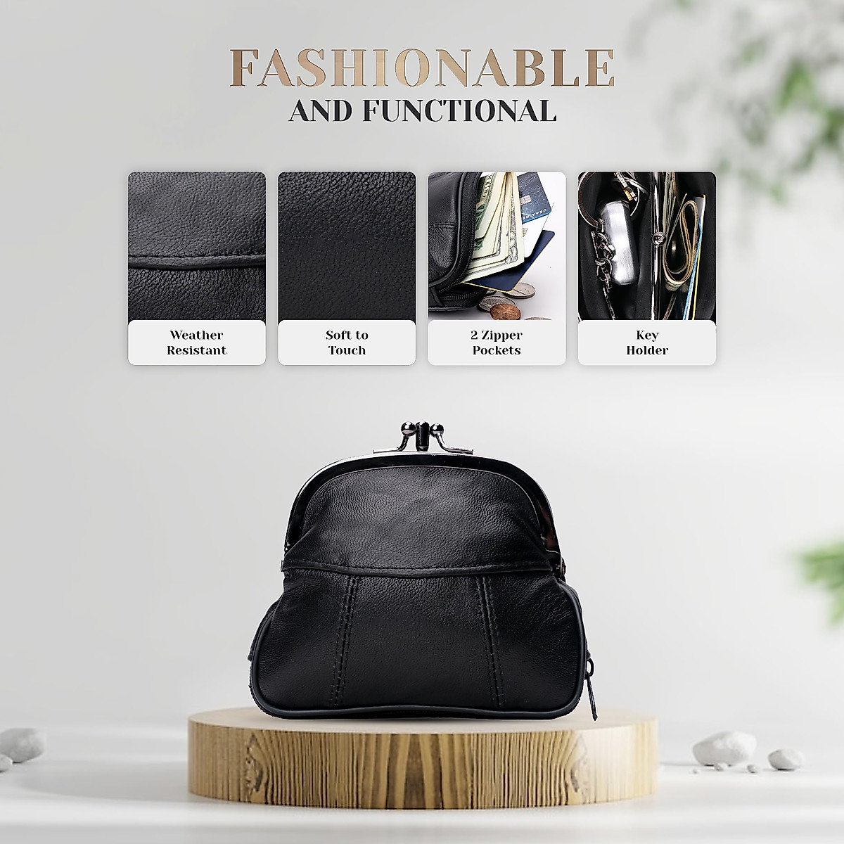 Leather Impressions Double Coin Purse for Women - Handcrafted Genuine Leather Coin Purse with Twist Clasp, 1 zipper pocket, 1 pack lightweight - Timeless clean stitched Small Coin Purse (Black)