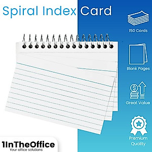 1InTheOffice Spiral Index Cards 3x5 Ruled, Spiral Bound, 50 White Cards/Spiral
