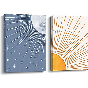 Creoate Boho Wall Decor Art 2 Pieces Sun and Moon Picture Canvas Print Framed Set Artwork for Minimalist Home Decor, Modern Boho Wall Art, 12x16 Inch x2pcs