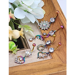 kwoencxi 14G Belly Button Ring for Women Stainless Surgical Steel Long Dangle Curved Hypoallergenic Belly Navel Ring Barbells Bar Belly Piercing Jewelry for Women Colorful 10mm CZ Diamond Gem