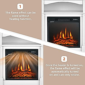 COSTWAY 32-inch Electric Fireplace with Mantel, Adjustable Freestanding Heater with Remote Control, Shelf, 3D Flame Brightness, Overheat Protection, Mantel Fireplace for Living Room, 1400W (White)