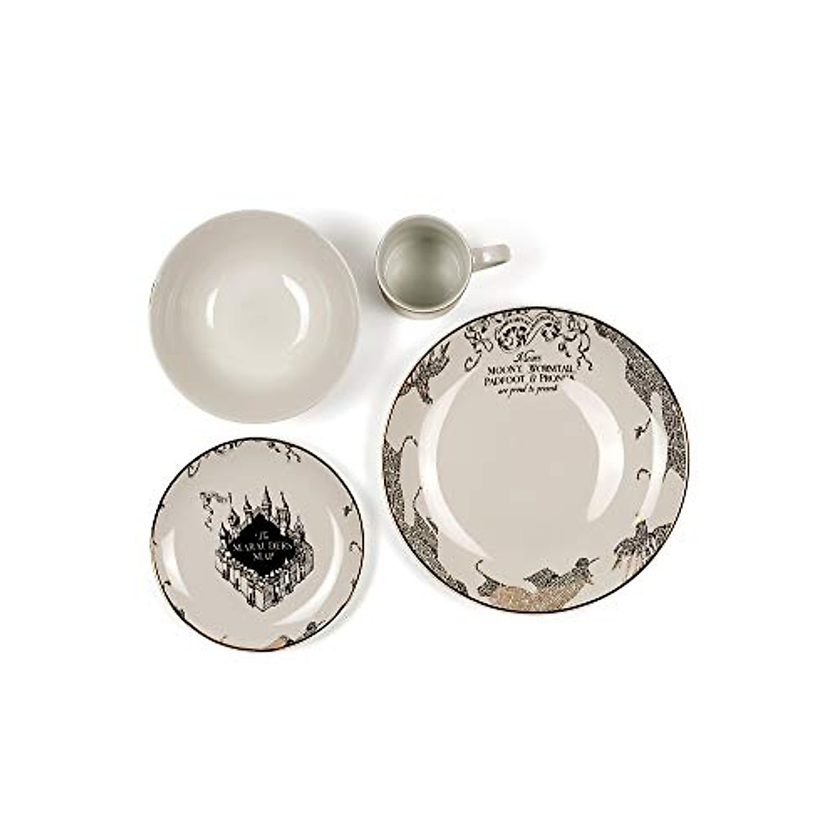 Harry Potter Marauder's Map Porcelain 4 Piece Place Setting - Gold Marauders Map Design - Includes 1 Dinner Plate, 1 Salad Plate, 1 Bowl and 1 Mug - Great Gift for Any Harry Potter Fan