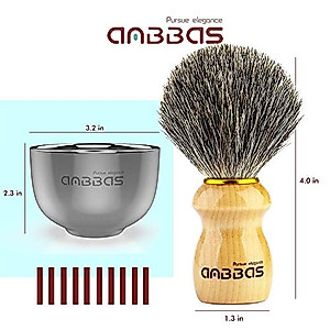 Shaving Brush Set, 4in1 Anbbas Fine Badger Shave Brush Wood Handle,Stainless Steel Shaving Stand and Soap Cup Dia 3.2inches with Shaving Soap Bar Natural Organic 3.5oz for Men