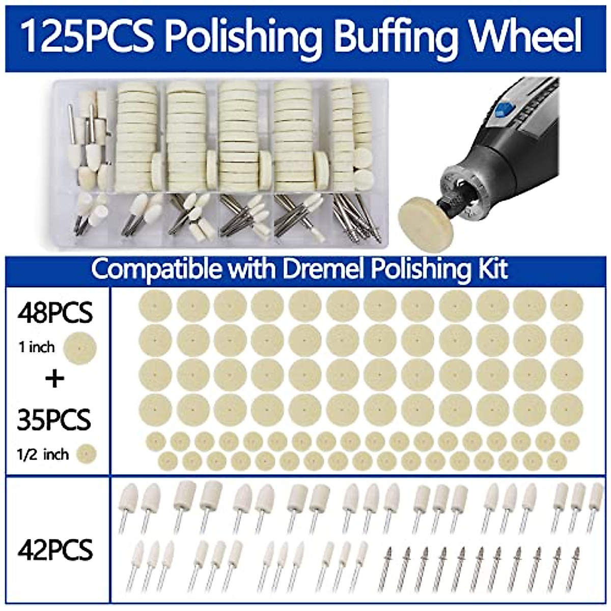 Polishing Buffing Wheel Compatible with Dremel Polishing Kit, GLDCAPA 14 Sizes 125 PCS Polishing Wheel for Dremel Tool Accessories 1/8" with Storage Box