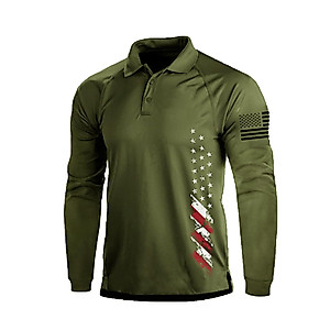 H HYFOL Long Sleeve Polo Shirts for Men Graphic Stretch Casual American Patriotic Raglan Golf Polos for Men(Olive Green,L)