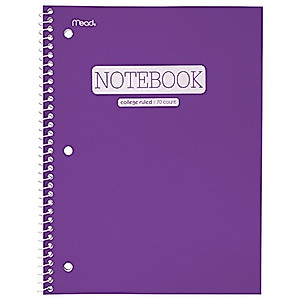 Mead Spiral Notebook, 1 Subject, College Ruled Paper, 70 Sheets, 10-1/2" x 7-1/2", Plastic, Color Selected For You, 1 Count (07178)