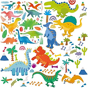 Maydahui 3 Sheets Dinosaurs Wall Decals (95 Count) 11 inch Colorful Assorted Dino Animal Stickers Peel and Stick Removable Wall Sticker for Bedroom Playroom Home Decoration