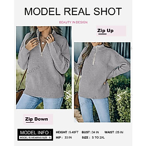 Dokotoo Womens Quarter Zip Sweater Long Sleeve Waffle Knit Casual Tops for Women Fashion 1/4 Zipper Pullover Chunky Gray Sweaters V Neck Oversized Sweater Fall Winter Outfits Clothes X-Large