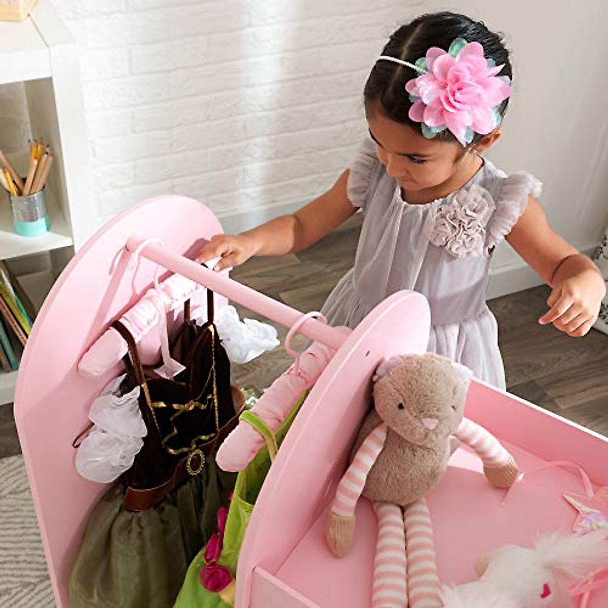 KidKraft Wall Mount Wooden Fashion Pretend Dress-Up Station Children's Furniture with Storage and Mirror - Pink, Gift for Ages 3+