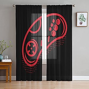 Video Game Window Semi Sheer Curtains for Bedroom Living Room, Red Gamepad Games Controller Gamer Black Rod Pocket Chiffon Voile Sheer Drapes Curtain 63 Inch Length 2 Panels Set