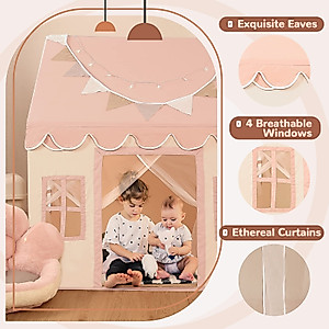 Kids Play Tent with Non-Slip Mat, Star Lights, Decorating Flag, Large Playhouse with 4 Windows, Machine Washable, Indoor and Outdoor Play Tent for Kids, Girls, Pink, 47" x 40" x 52"