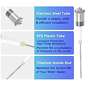 Podoy Powered Anode Rod for Hot Water Heater 30-80 Gallon Water Tank, Universal 9.4" Eliminates Rotten Egg Smell Titanium Electric Anode Rod Replacement with Teflon Tape