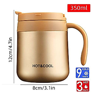12oz/18oz Insulated Coffee Mug with Handle and Lid, Double Wall Vacuum Stainless Steel Coffee Travel Mug, Tumbler Cup，Reusable and Durable Travel Coffee Cup Thermal Cup, Gold 12oz
