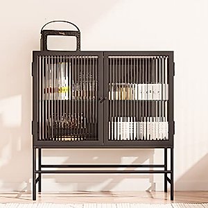 Modern Fluted Glass Buffet Cabinet, Sideboard Cabinet, Credenza with Storage Console Tables with Dual Door, Wine Bar Cabinet for Liquor for Dining Room, Living Room, Hallway (Black)
