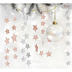 Glitter Pink Champagne Twinkle Star Hanging Garland - Sparkly Paper Five-pointed Bunting Banner String for Birthday Home Decoration, Wedding Photo Booth Props, 2.8", Totally 23 ft/7m