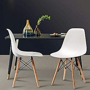 CangLong Modern Mid-Century Dining Chair Shell Lounge Plastic DSW Chair with Natural Wooden Legs for Kitchen, Dining, Bedroom, Living Room Side Chairs Set of 2, White
