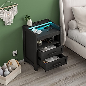 Modern Nightstand with LED Light and Charging Station, Wooden Bedside Table with 2 Drawers and Pull-Out Shelf, Small End Table for Bedrooms, Black