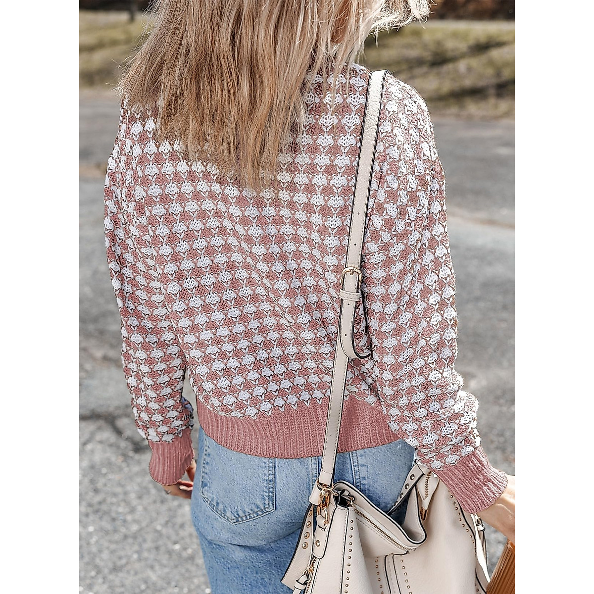 Dokotoo Womens Cardigan Sweaters Fashion V Neck Color Block Plaid Cable Knit Long Sleeve Button Down Comfy Cute Daily 2024 Autumn Winter Ribbed Sweater Outerwear Tops Pink Small