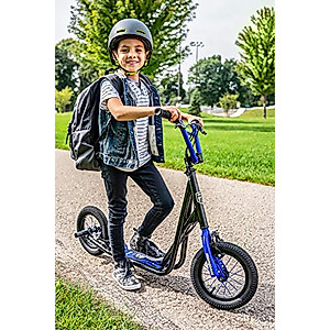 Mongoose Expo Youth Scooter, Front and Rear Caliper Brakes, Rear Axle Pegs, 12-Inch Inflatable Wheels, Black/Blue