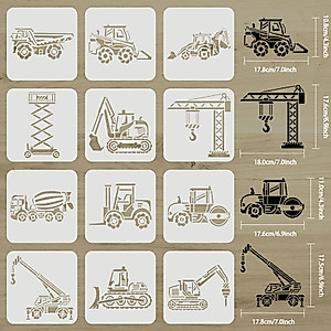 FINGERINSPIRE 12 Pcs Construction Vehicle Stencils 7.9x7.9 inch Reusable Truck Stencils Plastic Forklifts Excavators Cranes Mixers Pattern Stencil Reusable Construction Vehicle Stencil for Painting