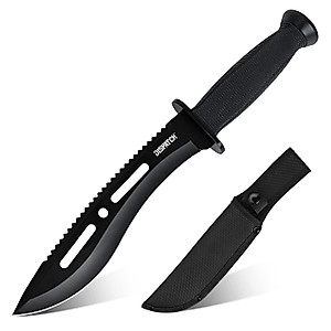 Dispatch Tactical Kukri Machete Survival Hunting Knife with Kukri Recurved Blade, Steel Head Steel Tail of Fixed Blade Knife with Sheath for Outdoor Survival, Camping, and Bushcraft