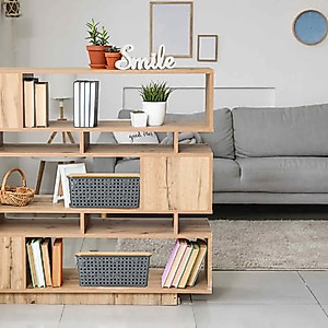 Barydat 4 Pack Plastic Storage Baskets with Bamboo Lid Pantry Organization Storage Containers Lidded Bins Container for Shelves Drawers Desktop Closet Playroom Classroom Office(Gray)