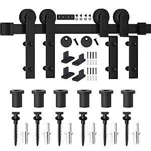 WINSOON 9FT Single Track Bypass Sliding Barn Door Hardware Kit for Double Doors with 2PCS 12 Inch Sliding Barn Door Handles Black Hardware
