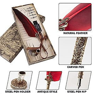 Feather Quill Pen Ink Set - Calligraphy Dip Pen Set Fountain Pen Ink Red Feather Pen Display Case with Inkwell and Stand - Quill Pen Set with 5 Stainless Steel Pen Nib Set for Writing Paper, Letter