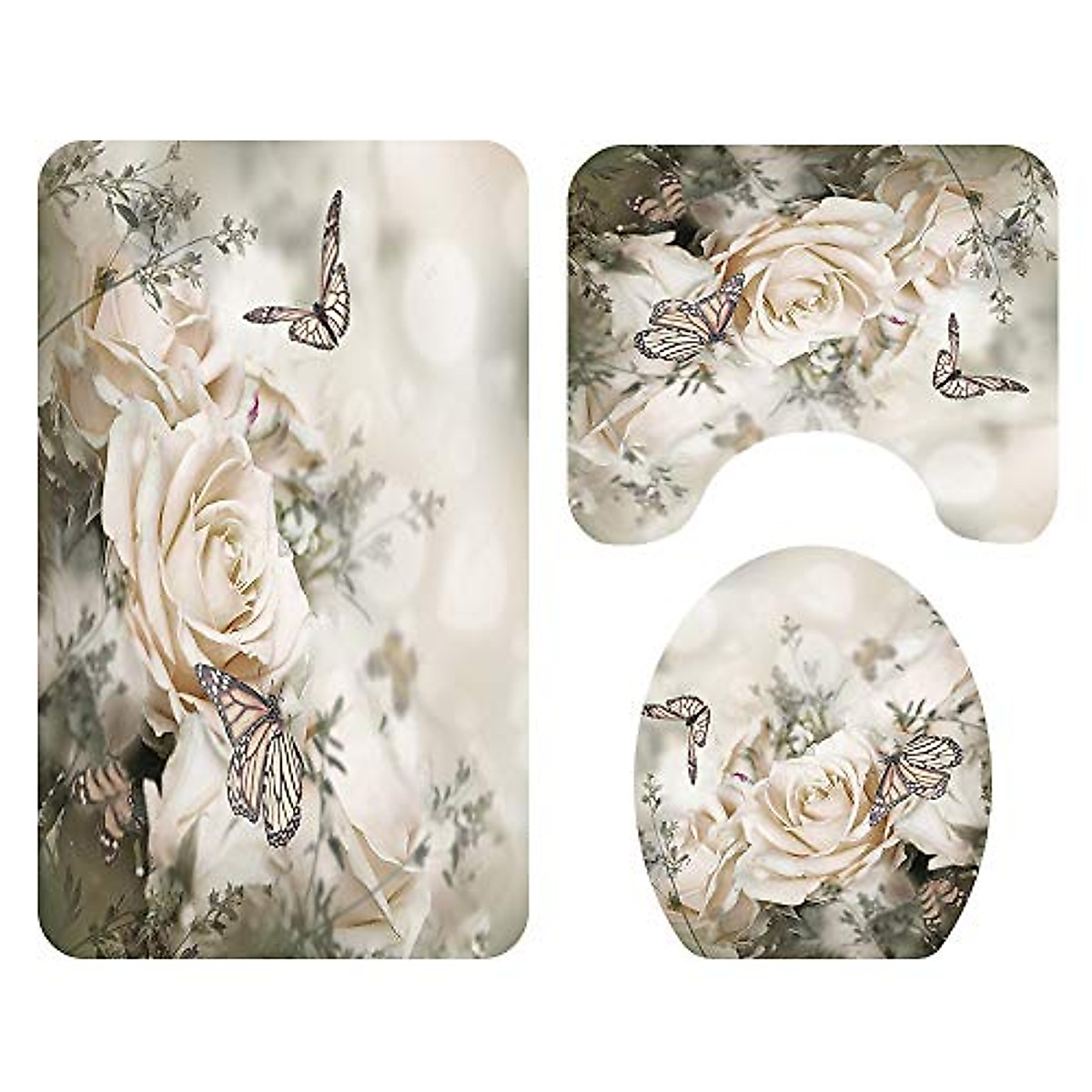 4Pcs Flower Shower Curtains Sets with Rugs Polyester Bathroom Shower Curtains Lid Toilet Cover Bath Mat Rug with Hooks Bathroom Accessory Sets 70"x70"(Roses and Butterflies)
