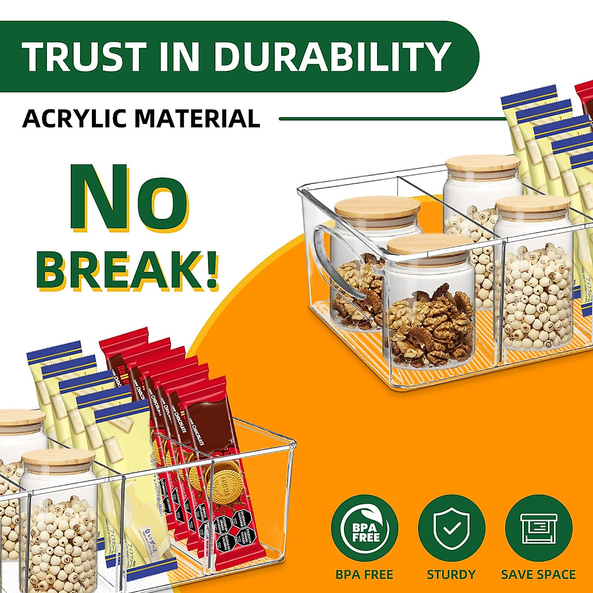 Generic 2 Pack Pantry Organizer Bins with Removable Dividers, 4 Divided Sections, Clear, Sturdy & Lightweight, Perfect for Cabinet, Kitchen, Pantry & Refrigerator Organization