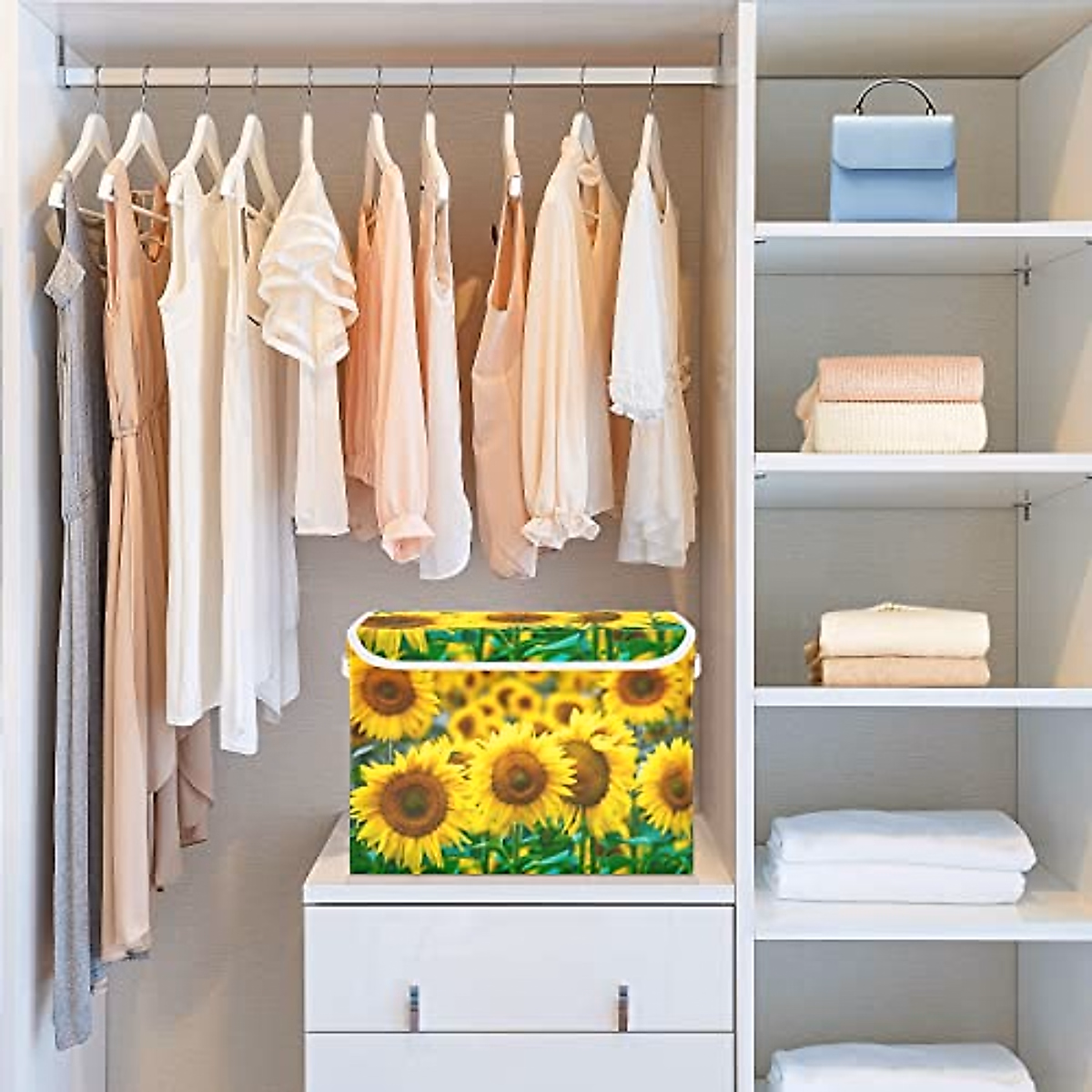 innewgogo Field Yellow Sunflowers Storage Bins with Lids for Organizing Baskets Cube with Cover with Handles Oxford Cloth Storage Cube Box for Car