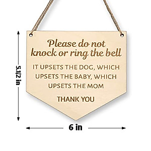 Baby sleeping sign for front door - Please do not knock or ring the bell, it upsets the dog, which upsets the baby, which upsets mom - Do not ring doorbell sign Size 6 x 5.5 (inches), Brown
