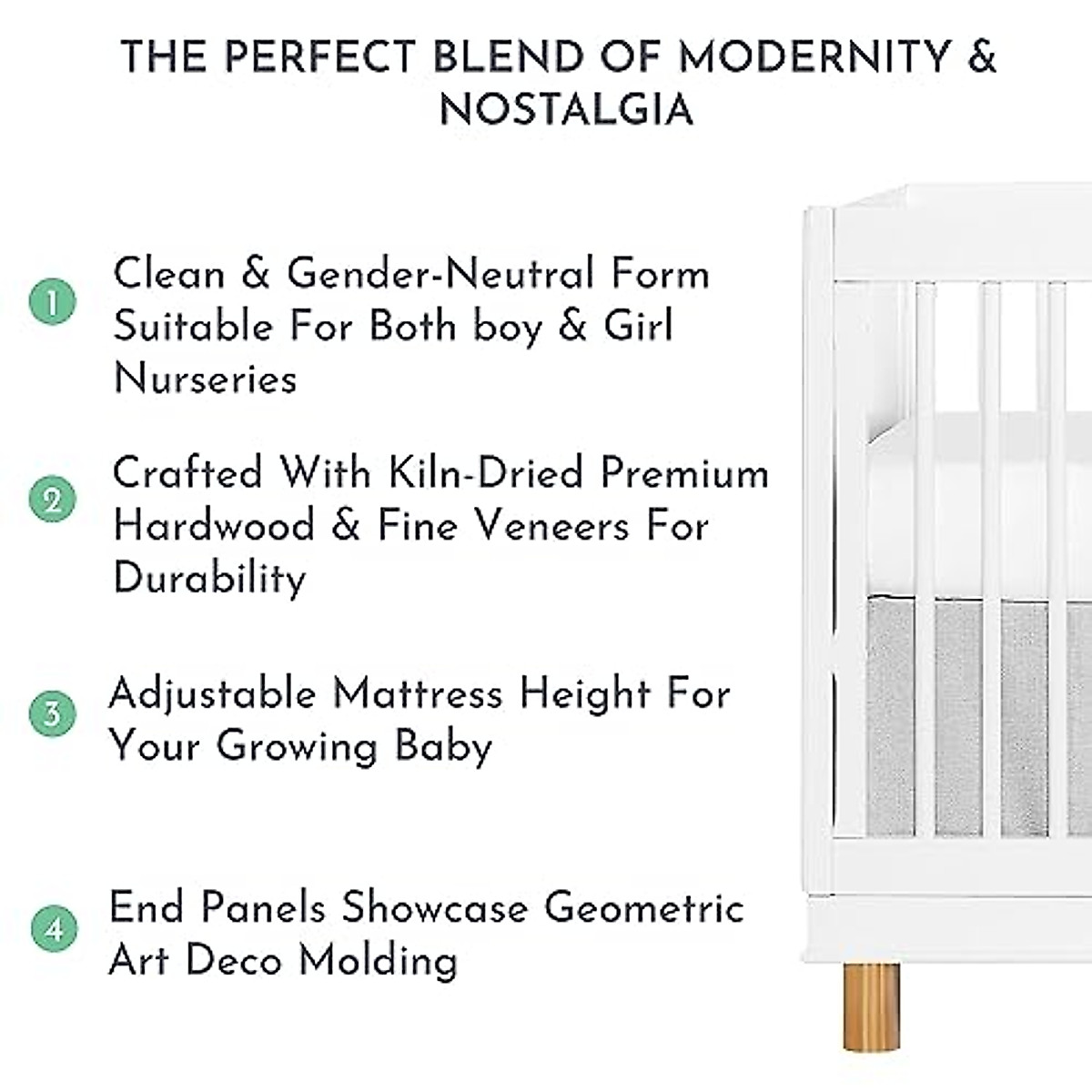 Evolur Loft Art Deco 3-in-1 Convertible Crib in White with Gold Hardware, Greenguard Gold Certified, 3 Mattress Height Settings, Features Rounded Spindles, Converts to Toddler Bed & Daybed