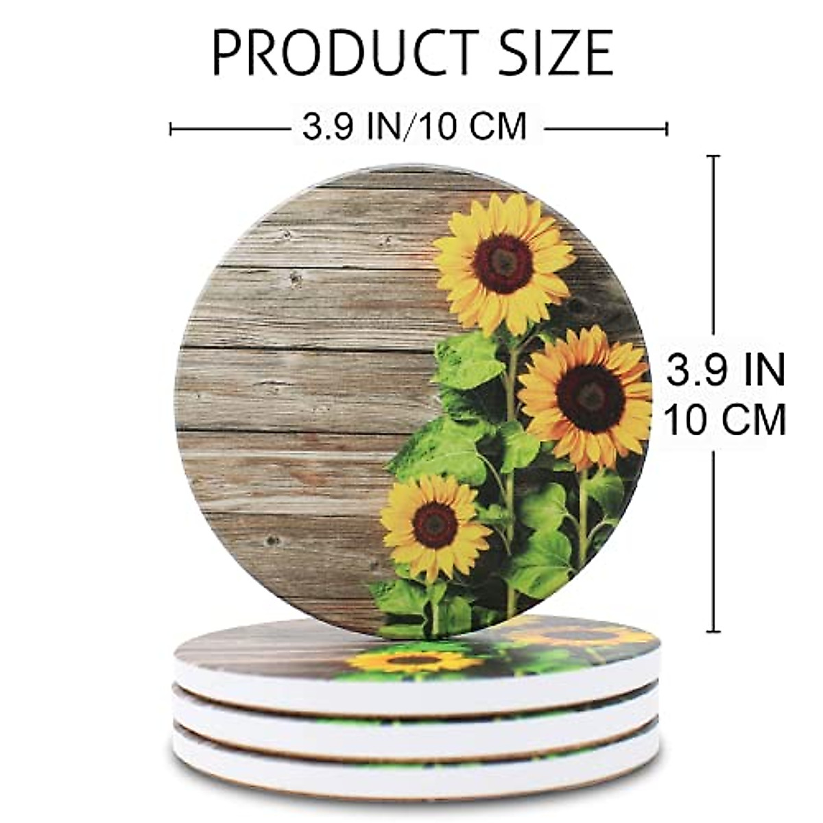 Sunflower Drink Coasters Set of 6 with Holder Absorbent Ceramic Coasters for Wooden Table, Farmhouse Rustic Coasters Cork Base Home Decor House Warming Gift