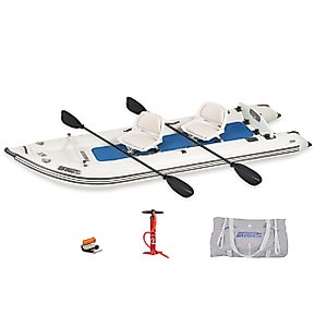 Sea Eagle 437ps PaddleSki Inflatable 1-2 Person Catamaran Boat – Paddle, Motor, Fish, or Sail – 4-in-1 Inflatable Watercraft – Self Bailing (437ps PaddleSki Swivel Seat Package)