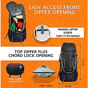 TRAWOC 65 Liter Internal Frame Trekking Hiking Backpack Travel Bag Front & Top Loading Rucksack/Water Proof Rain Cover/Shoe Compartment, HK010