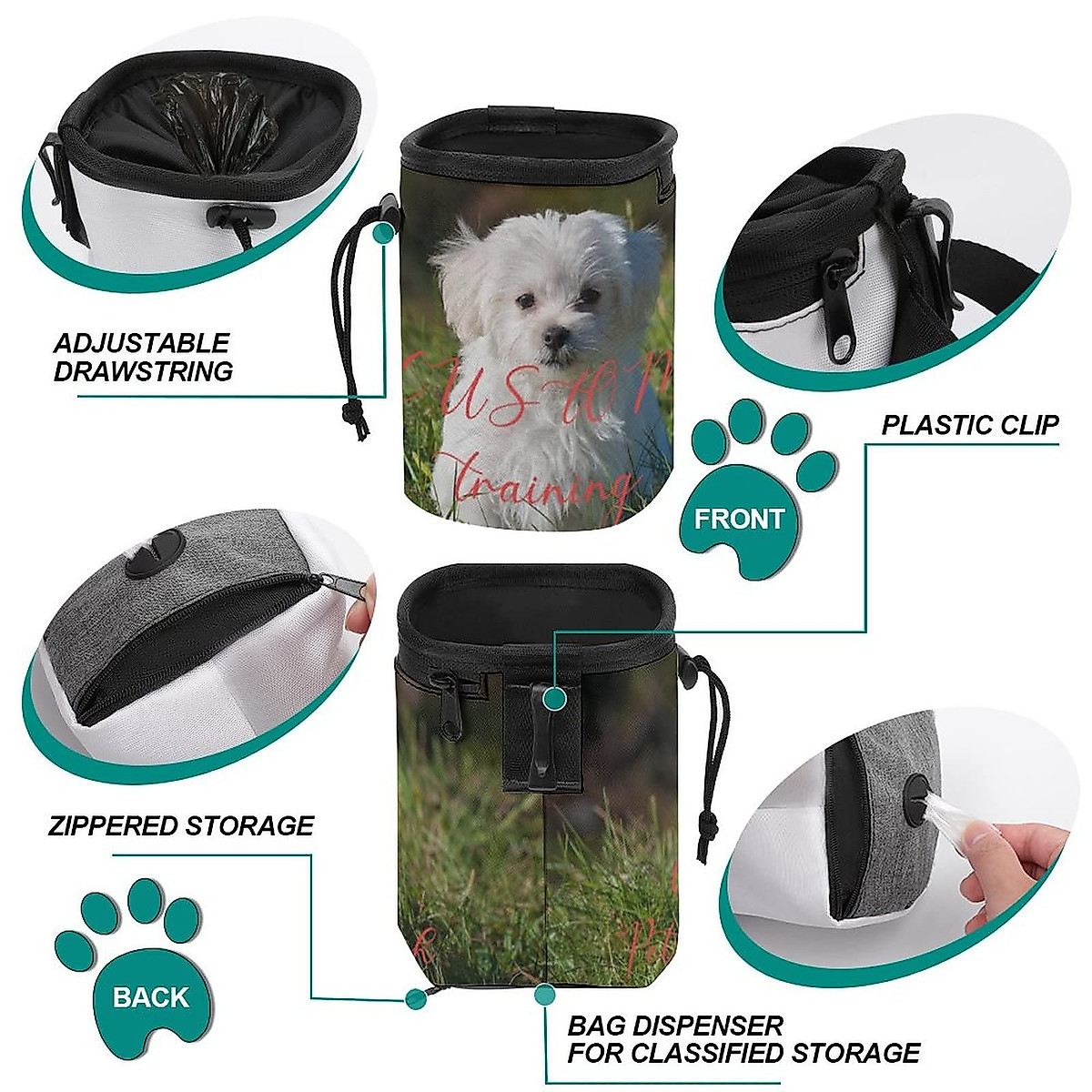 Custom Dog Treat Training Pouch with Photo Text, Personalized Pet Picture Name Treat Training Bag, Customized Dog Training and Behavior Aids - Easily Carries Pet Toys, Kibble, Treats