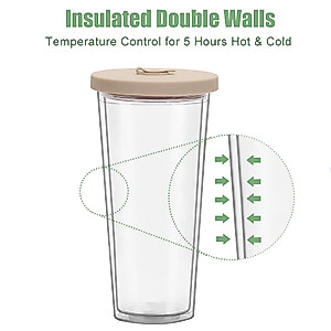 UHAPEER 2 Pack Reusable Boba Tea Cups, 24oz Iced Coffee Cup with Straw and Lid, Leakproof Clear Plastic Cups Tumbler, Double Wall Insulated Smoothie Tumbler, Wide Straw for Bubble Tea, Cinnamon&Olive