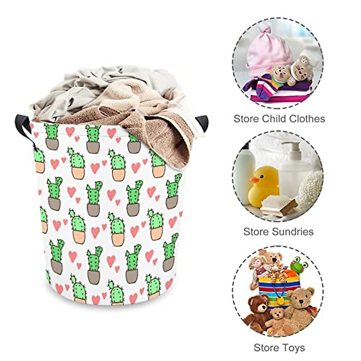 Cartoon Love Cactus Pattern Large Laundry Basket Hamper Bag Washing with Handles for College Dorm Portable