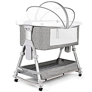 SPS Baby Bassinet Bedside Sleeper with Storage Basket and Wheels,Easy Folding Bedside Crib,Adjustable Height Portable Baby Bed for Newborn Infant