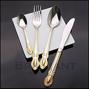 Venezia Collection "Michelangelo" 75-Piece Fine Flatware Set, Silverware Cutlery Dining Service for 12, Premium 18/10 Surgical Stainless Steel, 24K Gold-Plated Hostess Serving Set, Wooden Storage Case