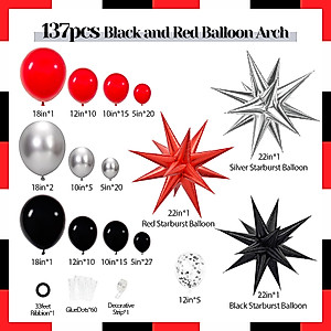 Red and Black Balloon Arch Kit with 3pcs Star Balloons, Red Black and Metallic Silver Balloons Garland Kit for Birthday Prom Red Black Graduation 2024 Party Decorations