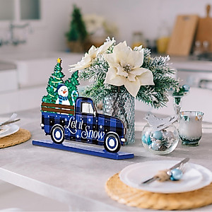 Huwena 5 Pcs Christmas Table Decorations Wooden Xmas Table Centerpiece Signs Joy Snowman Gnomes Table Signs Buffalo Plaid Christmas Decors for Winter Holiday Tiered Tray Table Top Decor(Blue)