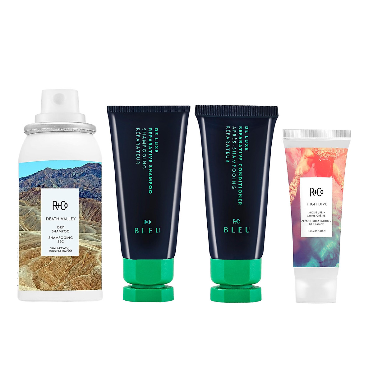 R+Co Travel Essentials | Bleu De Luxe Reparative Shampoo and Conditioner Set (1.2 Oz) + High Dive Moisture Cream (.5 Oz) + Death Valley Dry Shampoo (1 Oz) | Sayn Beauty