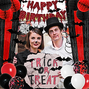 Halloween Birthday Party Decorations, Halloween Birthday Decorations includes Glitter Happy Birthday Banner Red Foil Curtains Backdrop and 3D Bat Sticker for Spooky Vampire Birthday Decorations