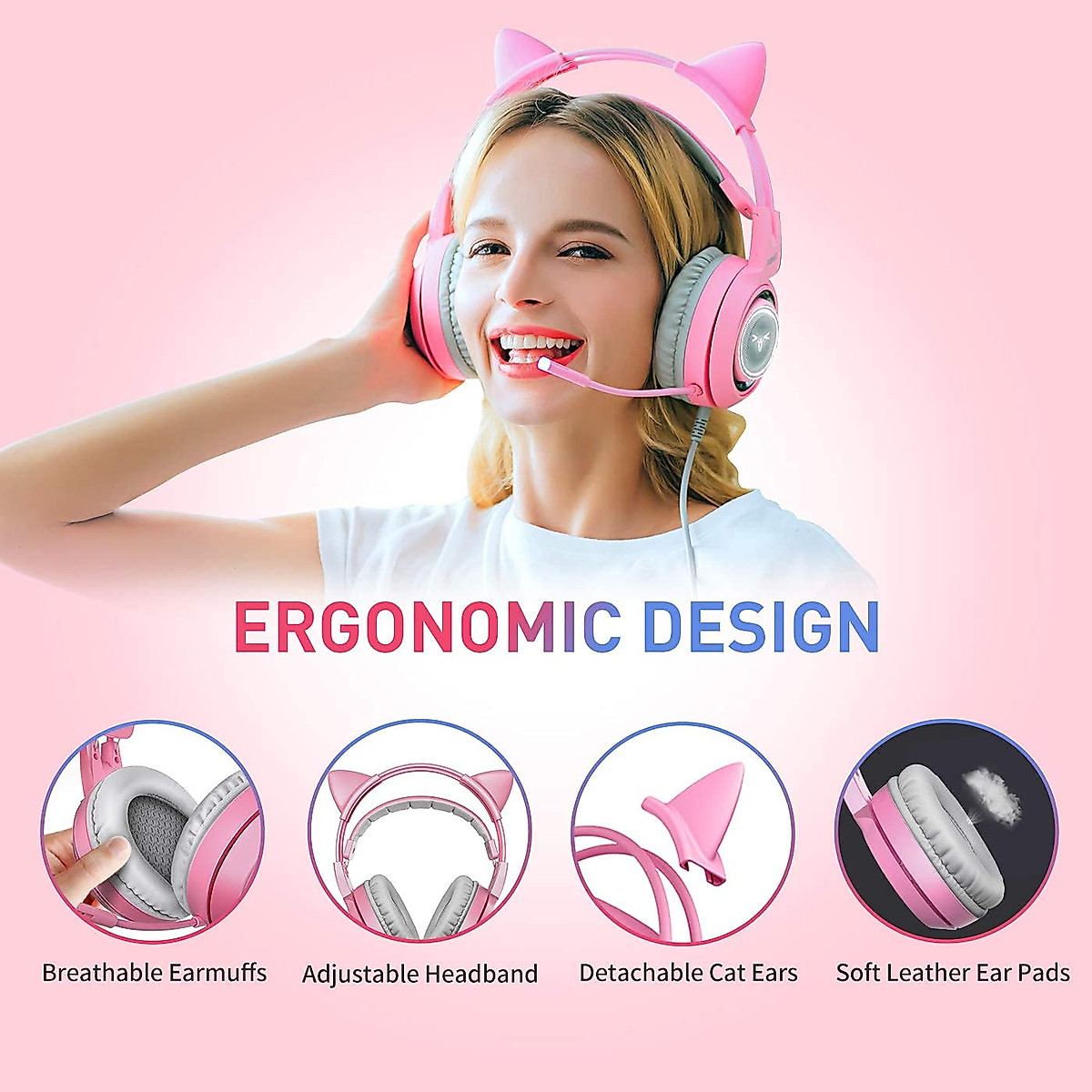 SOMIC 2 Pack Cat Headset, G951s Balck Stereo Gaming Headset with Mic for PS4, PC, Xbox One & G951 Pink Gaming Headset with Brethable LED Light for Girls, Women